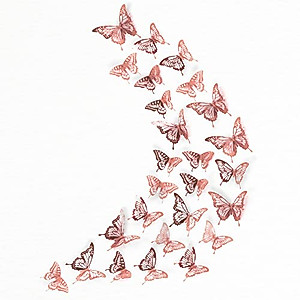 WALPLUS 52 Pcs Rose Gold Realistic 3D Butterfly Wall Decals Removable DIY Home Birthday Cakes Wedding Decorations Art Decor Wall Stickers Murals Nursery Baby Bedroom TV Background Living Room