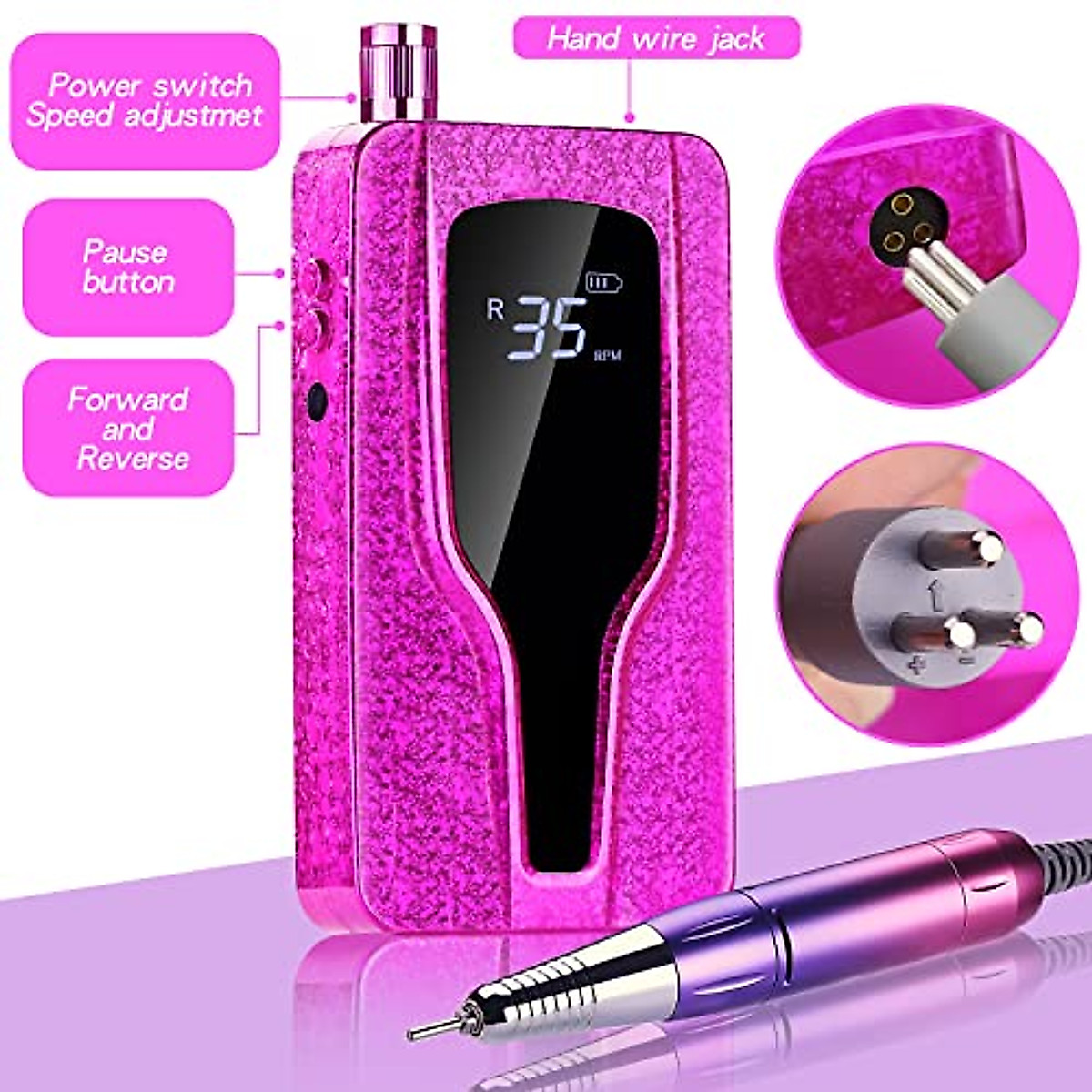Professional 35000 RPM Nail Drill , Rechargeable Electric Nail File Machine E File for Acrylic Nails Gel Polishing Removing, Portable Cordless Efile with Bits Kit for Manicure Salon Home Pink