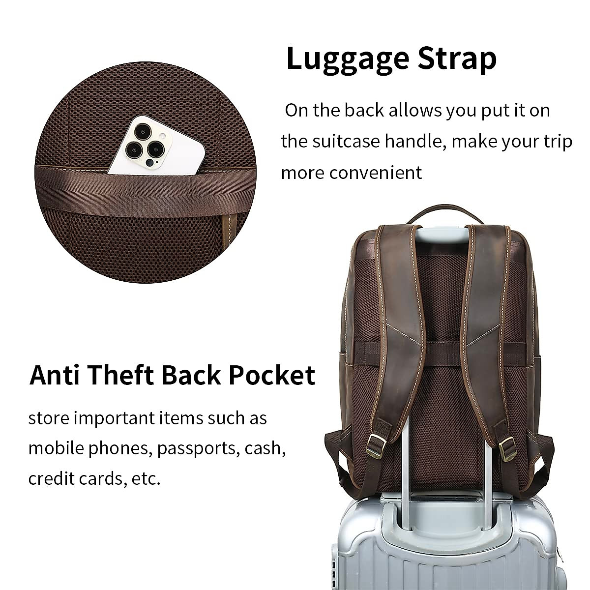 Hespary Full Grain Leather Travel Backpack For Man Hiking Backpack Rucksack Casual Daypack Bag Fit 17.3 Inch Laptop