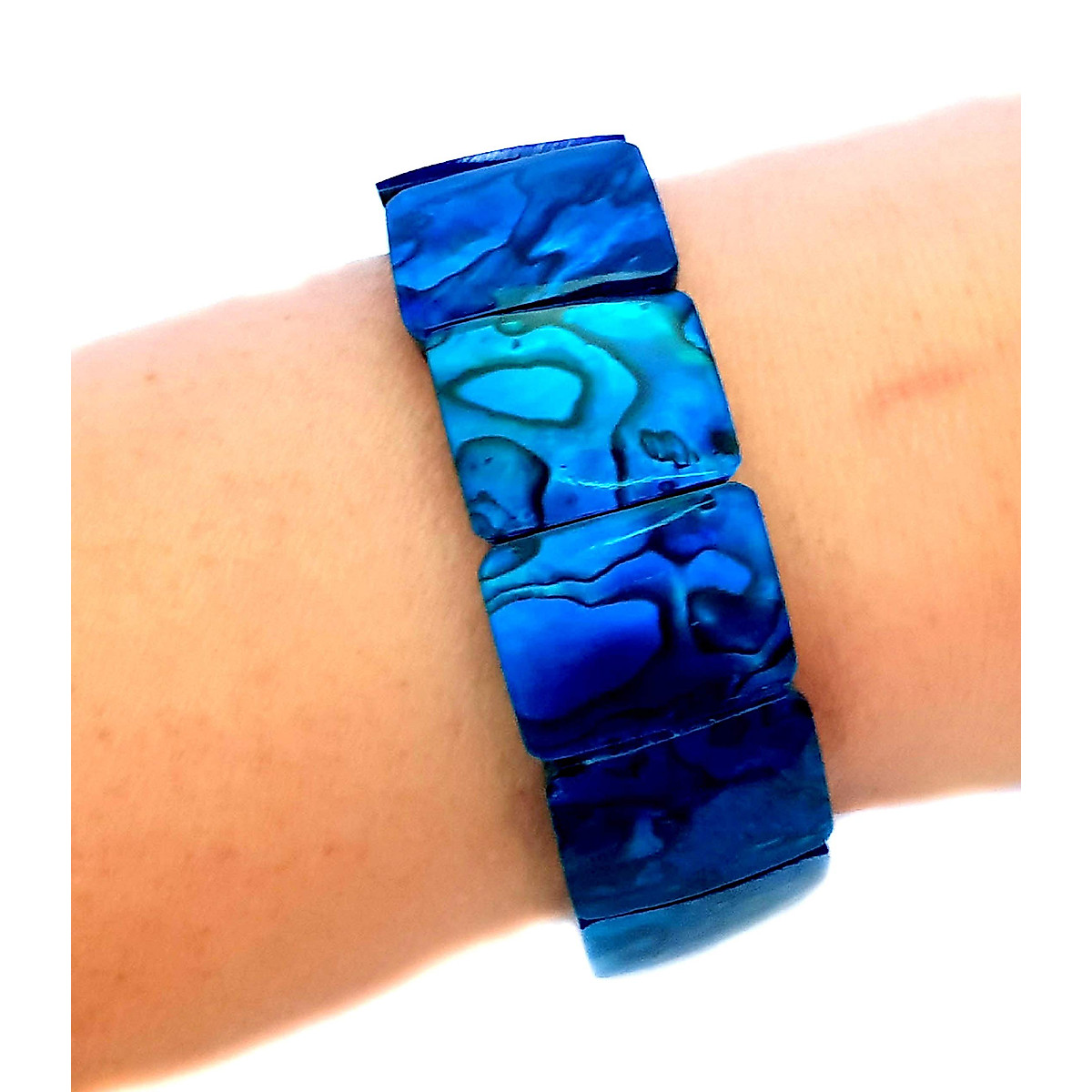 Swimmi Natural Abalone Shell Stretchable Cuff Bracelet Set in Blue Resin Handmade Women Paua Jewelry DA492-B