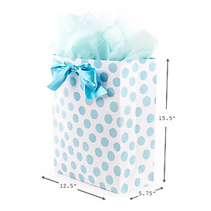 Hallmark 15" Extra Large Gift Bag with Tissue Paper - Blue Polka Dots and Bow for Baby Showers, Birthdays, Bridal Showers and More