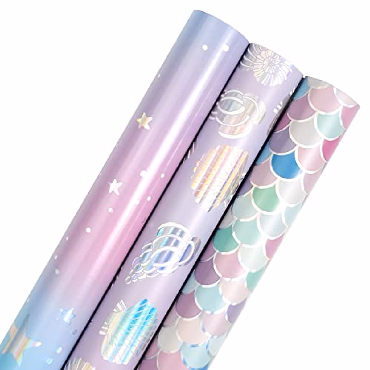 LDGOOAEL Mini Short Small Wrapping Paper Roll with Cut Lines on Reverse (17" X 120" Per Roll) - Purple Mermaid Scales/Galaxy with Glitter Metallic Foil Shine for Birthday, Wedding, Baby Shower,Bridal Showers