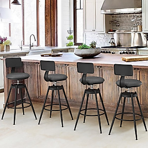Industrial Swivel Bar Stool Set of 4, 26"-32" Adjustable Counter Height Bar Stool with Back for Kitchen Island, Vintage Farmhouse Faux Leather Barstool with Black Metal Legs, Dark Gray