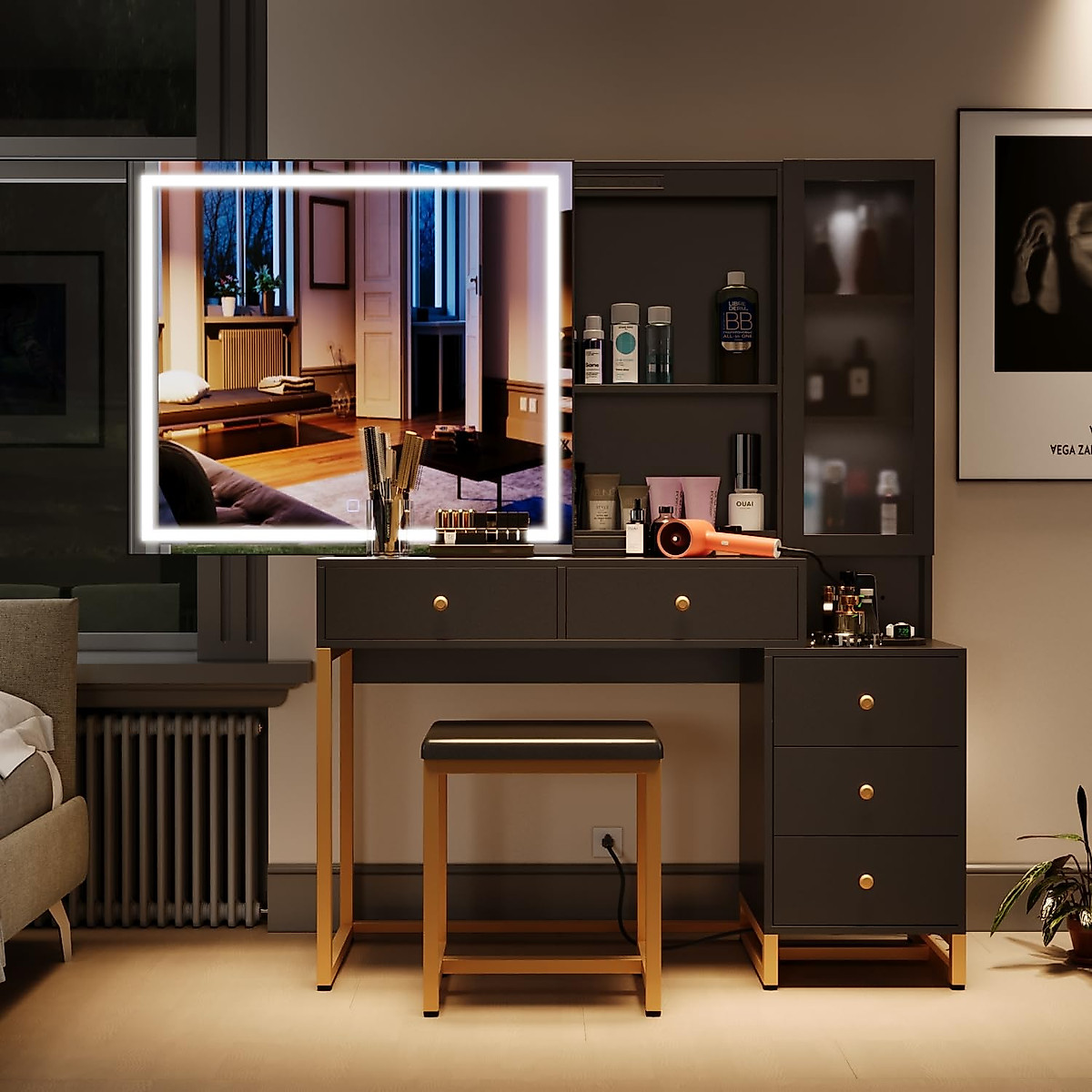 Wildhome Vanity Set with Lighted Mirror and Charging Station, Extra Large Mirror Makeup Vanity Table with Cushioned Stool,5 Drawers, Modern Vanity Table with Nightstand (Black, Large)