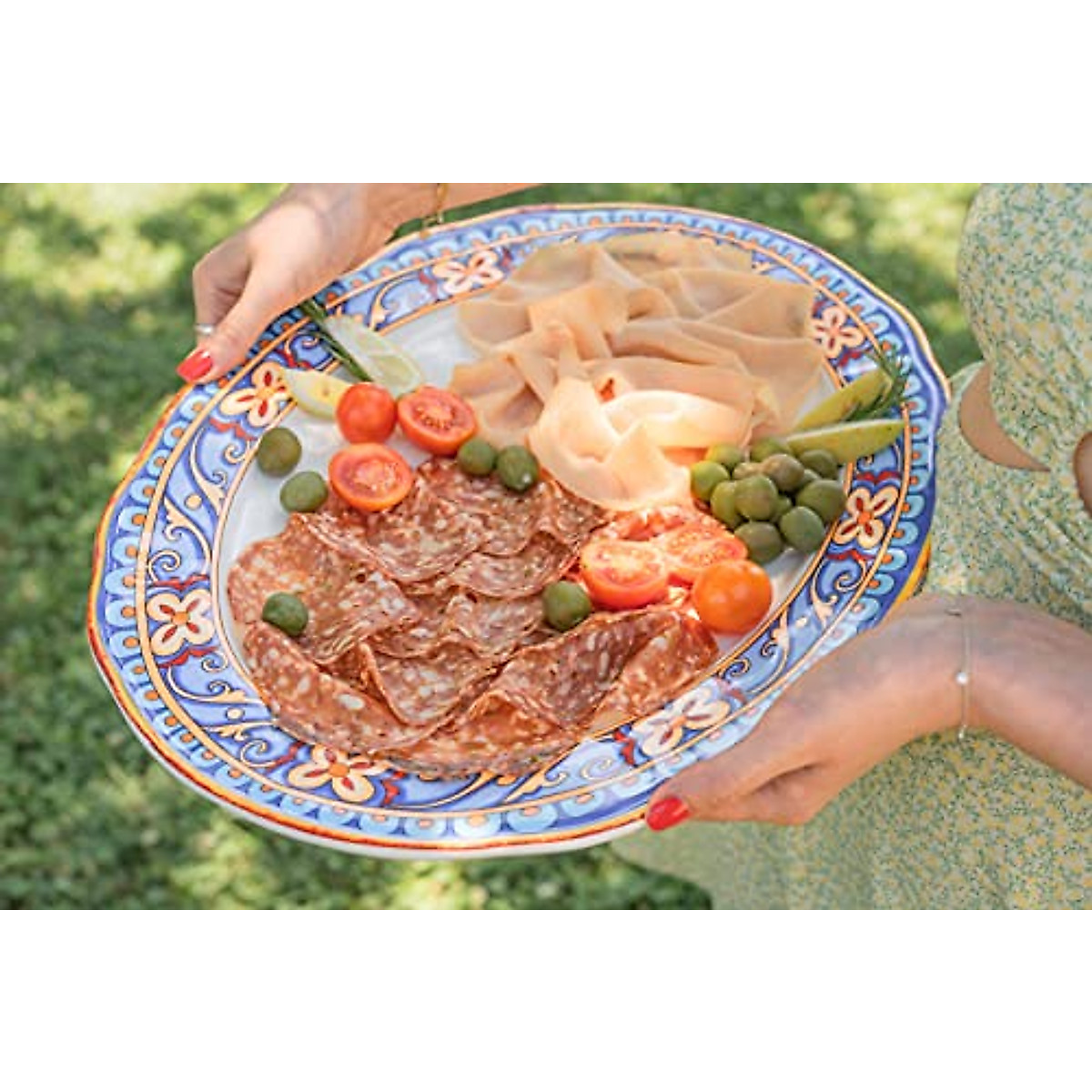 Euro Ceramica Duomo Collection Italian-Inspired 18" Oval Ceramic Serving Platter, Floral Design, Multicolor