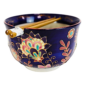 Ebros Midnight Purple Mandala Purple Floral Blossoms Ramen Udon Noodles Large 6.25"D Soup Bowl With Bamboo Chopsticks And Built In Rest Set for Asian Dining Rice Meal Bowls Decor Kitchen