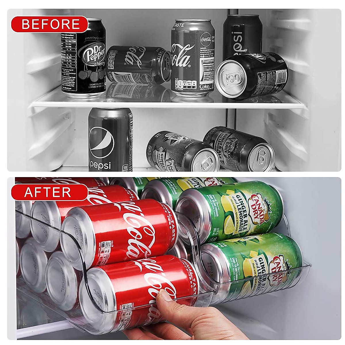 Refrigerator Organizer Bins Pop Soda Can Dispenser Clear Plastic Canned Drink Holder Storage for Fridge, Freezer, Kitchen, Countertops, Cabinets (2)
