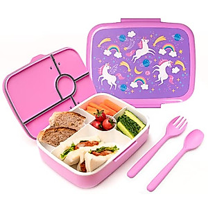 RUVALINO Bento Lunch Box for Kids, 5-Compartment Bento-Style Kids Lunch Box with Utensils, Leak-Proof, Dishwasher Safe, Pre-School Kid Daycare Lunches Snack Container for Ages 5 and up, Unicorn
