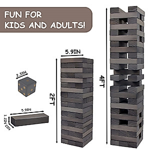 Juegoal 54 Pieces Giant Tumble Tower Blocks Game Giant Wood Stacking Game with 1 Dice Set, Gameboard, Canvas Bag for Adult, Kids, Family, Grey