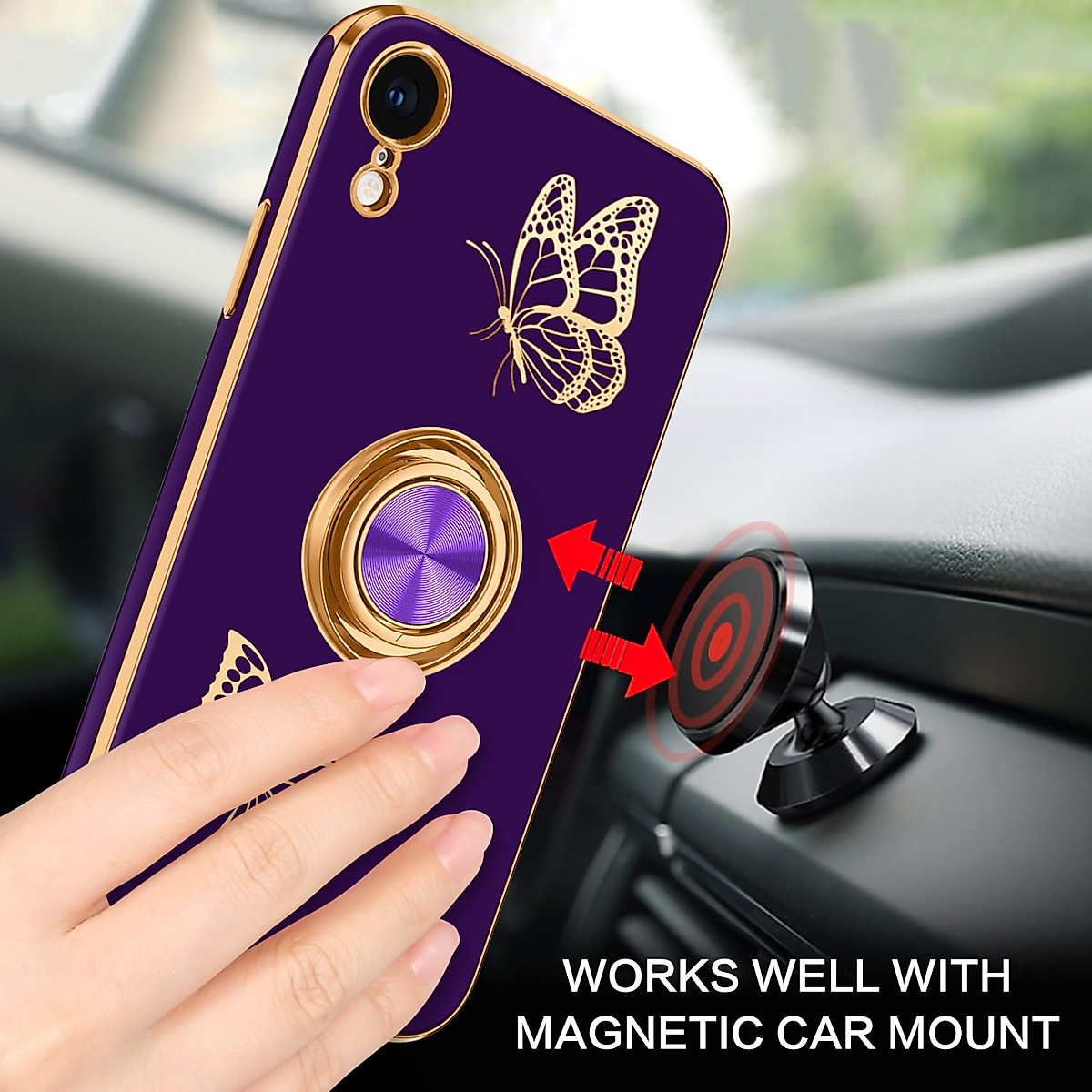 BENTOBEN iPhone XR Case, Phone Case iPhone XR 6.1, Slim Fit Gold Butterfly Design Kickstand Ring Holder Shockproof Protection Soft TPU Bumper Drop Protective Girl Women Boy iPhoneXR Cover, Deep Purple