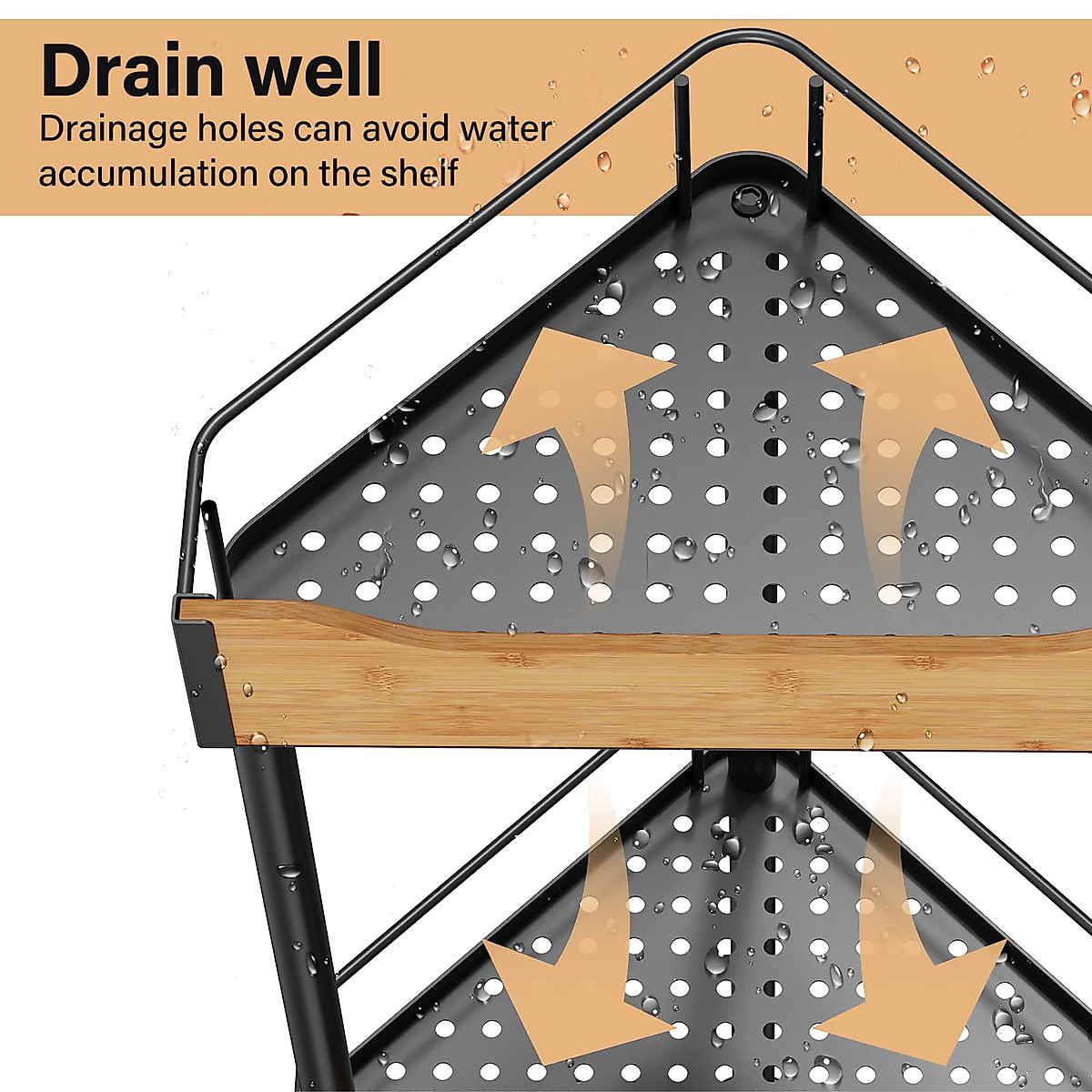 Thideewiz Corner Shower Caddy Standing, 3 Tier Shower Organizer, Wood Bathroom Stand Up Caddy Basket for Shampoo,with Adjustable Feet & 4 Hooks,Standing Tall Floor Shower Shelf and Bathroom Organizer