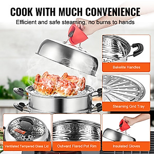 VEVOR Steamer Pot 11in/28cm, 3 Tier Steamer Pot for Cooking with 8.5QT Stock Pot, Vegetable Steamer & 2 Steaming Tray, Food-Grade 304 Stainless Steel Food Steamer Cookware for Gas Electric Stove Grill