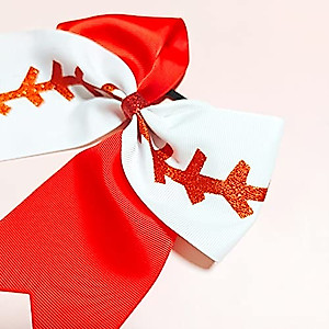 Baseball Softball Cheer Bow Elastic Hair Tie 7" Girls Team Cheerleader Ponytail Holder Large Handmade Cheerleading Ribbon Accessories Sports Outfit Decor Gift Glitter Red Yellow White