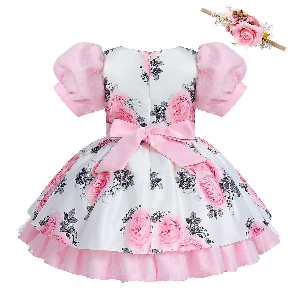 Baby Girl First Birthday Party Dress Headband Outfit Toddler Kids Flower Printed Short Sleeve Bowknot A-line Knee Length Lace Tutu Princess Dress for Pageant Wedding Bridesmaid Formal Pink 6-12M