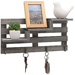 MyGift Wall Mounted Vintage Gray Wood Entryway Key Holder Rack and Wall Decor with 3 Tier Stair Display Shelf