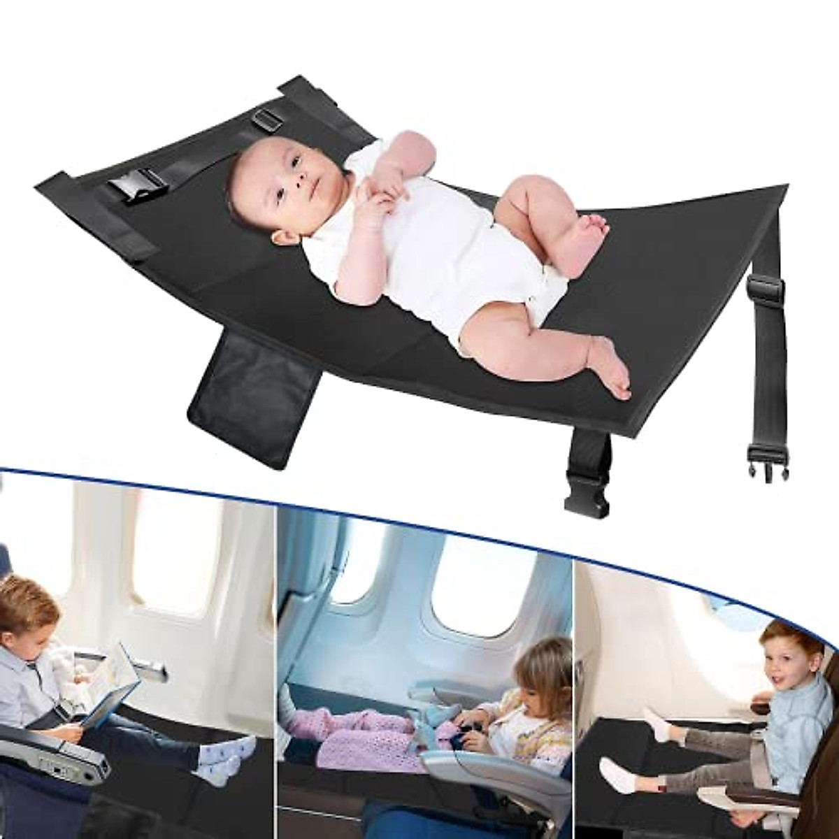 Mity rain Airplane Seat Extender for Kids, Portable Footrest, Baby Airplane Bed with Side Pockets, Flying Travel Essentials with Extended Area 11×4.7 in for Leg Rest & Lie Down（Black）