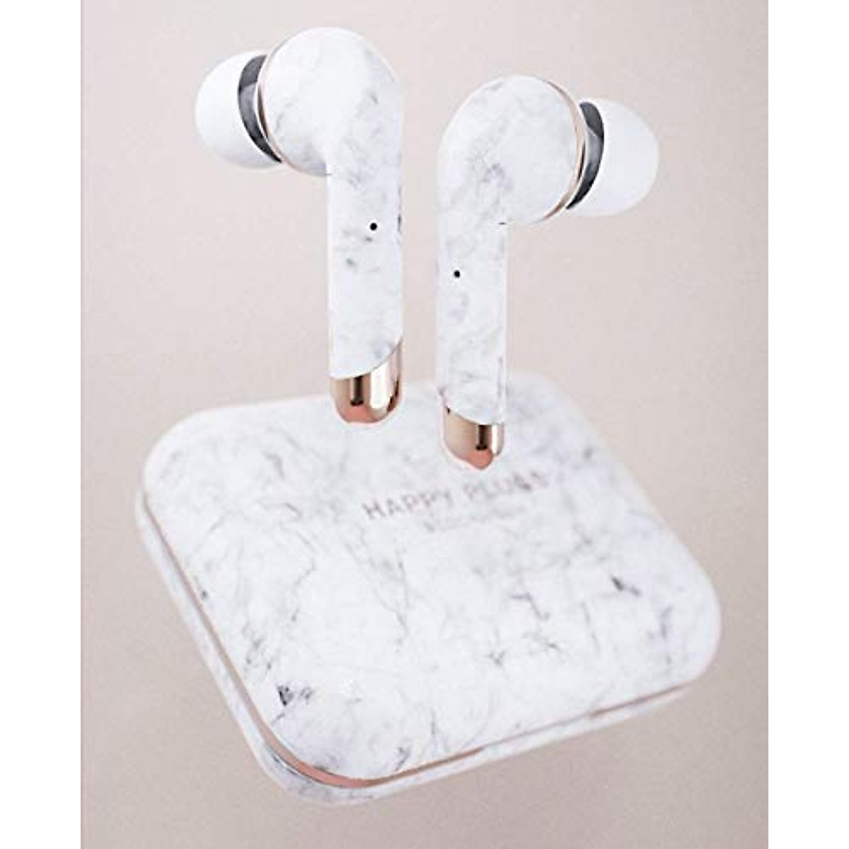 Happy Plugs Air 1 Plus – Luxury Wireless in-Ear Earbuds – Design Bluetooth Headphones with Charging Case and Built-in Microphones – Up to 40 Hours Playtime - White Marble