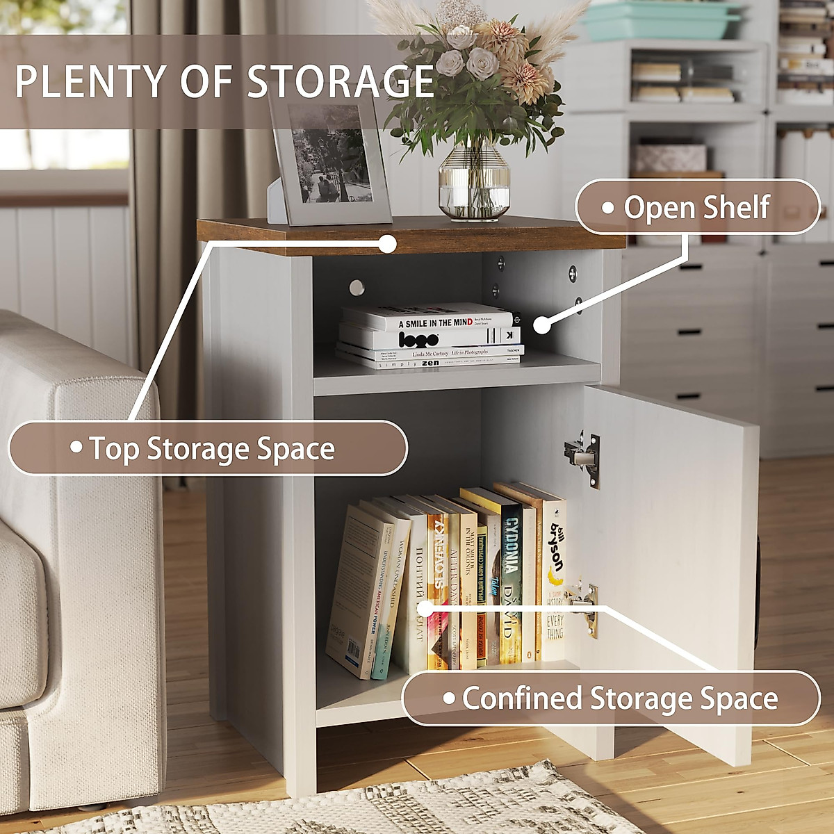 JUMMICO Farmhouse Nightstand, Modern Bedside Table with Barn Door and Shelf, Rustic End Table Side Table for Bedroom, Living Room (2, White)