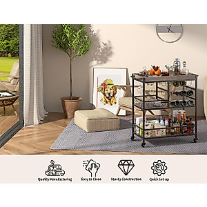 Gizoon 3 Tier 38" Home Bar Serving Cart with Large Storage Space, Mobile Kitchen Storage Trolley with Lockable Wheels, 12 Wine Rack, Glass Holder, Removable Tray (Gray)