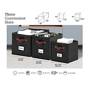 DECOMOMO Storage Cubes with Label Holders Collapsible Storage Bins for Shelves with Faux Leather Handles 11 Inch Cube Storage Bin for Organizers Shelves Closet Toys Clothes (11" / 6pcs, Black)