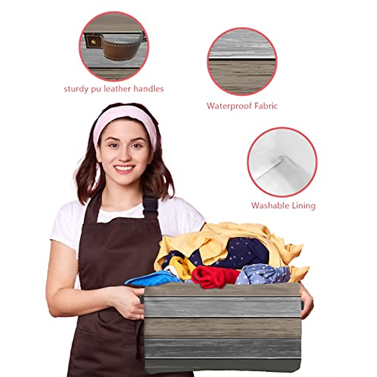 Beige Grey Ombre Storage Bins 2 Pack, Large Waterproof Storage Baskets for Shelves Closet, Brown Farmhouse Retro Wooden Striped Storage Basket Foldable Storage Box Cube Storage Organizer with Handles