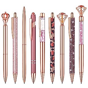 9 Pcs Ballpoint Cute Pens Set Leopard Fancy Pens Liquid Sand Glitter Pens Crystal Big Diamond Pen Crown Pretty Pens Metal Slim Ballpoint Pens Girly Black Ink for Home Wedding School Office (Rose Gold)
