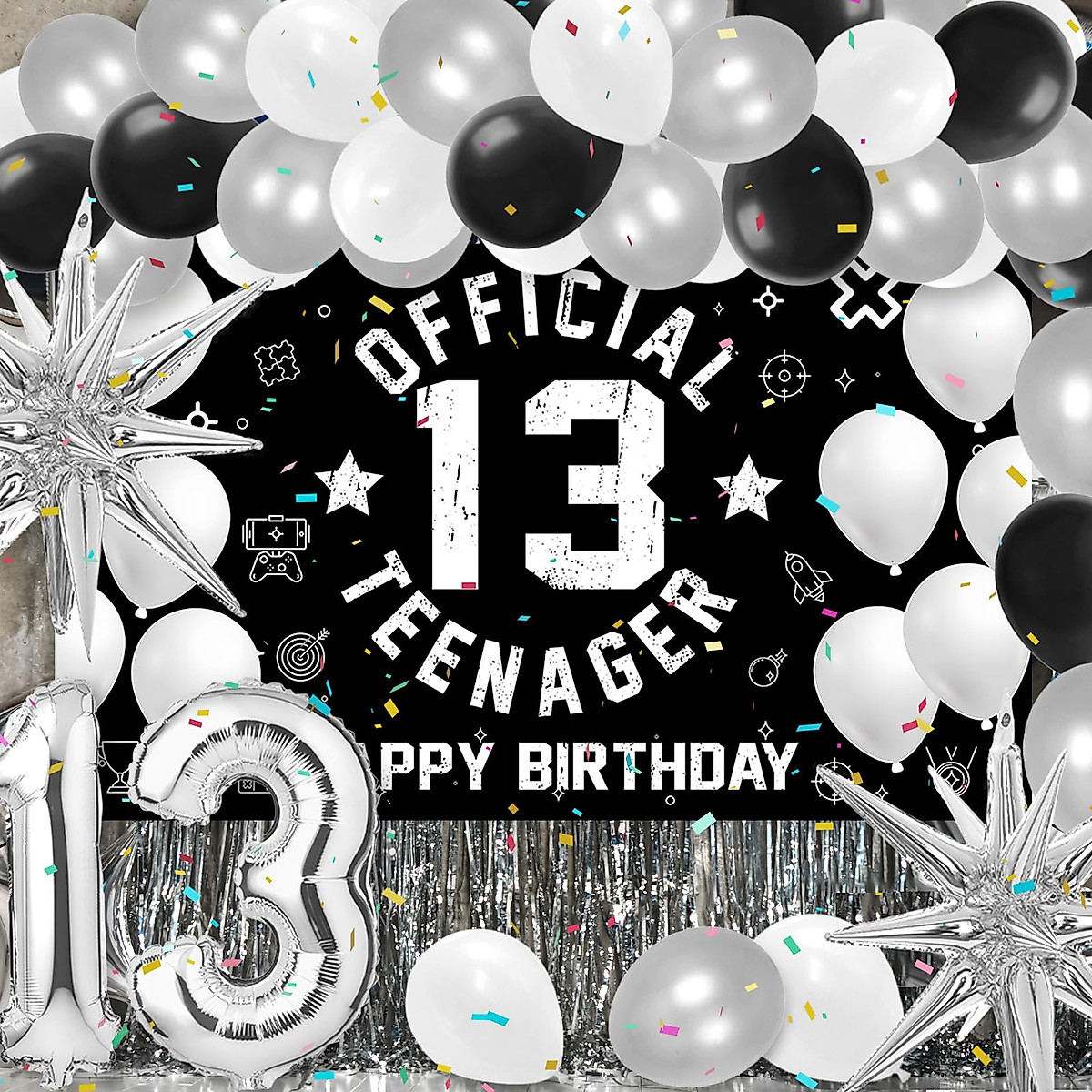HTDZZI 13th Birthday Decoration Kit for Boys, Official Teenager 13 Birthday Party Backdrop Banner, Number 13 Balloons, Explosion Star Balloons, 13th Birthday Photo Props Decor, Black White