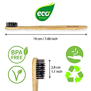 BlauKe Bamboo Toothbrushes Soft Bristles 4-Pack – Biodegradable, Sustainable, Natural, Eco-Friendly – Black Charcoal Wooden Toothbrushes