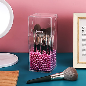 Sooyee Makeup Brush Holder,Makeup Brush Organizer with 8mm Pink Pearls,Dustproof Makeup Brush holder with Lid