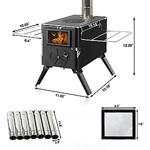 LAZZO Camping Tent Stove, Portable Wood Burning Stove with Pipes for tent, Heating Burner Stove for Camping, Outdoor Camping Tent Wood Stove for Cooking, Ice-fishing,Travel, Hiking,Backpacking trip
