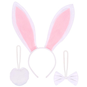 Funcredible White Bunny Ears Headband, Bunny Tail and Bowtie - Bunny Costume Set - Rabbit Costume Cosplay Accessories for Kids and Adult