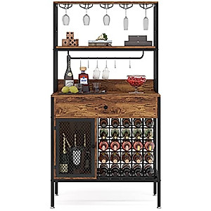 Tribesigns Wine Bar Cabinet with Storage Drawer, 64 Inches Tall 32-Bottles Large Capacity Freestanding Wine Rack Bar Cabinet with 6 Hooks for Home Bar, Kitchen, Wine Cellar, Rustic Brown