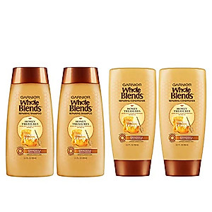 Garnier Whole Blends Repairing Shampoo Honey Treasures, for Damaged Hair, 3 Fl. Oz with Repairing Conditioner Honey Treasures, 3 Fl. Oz