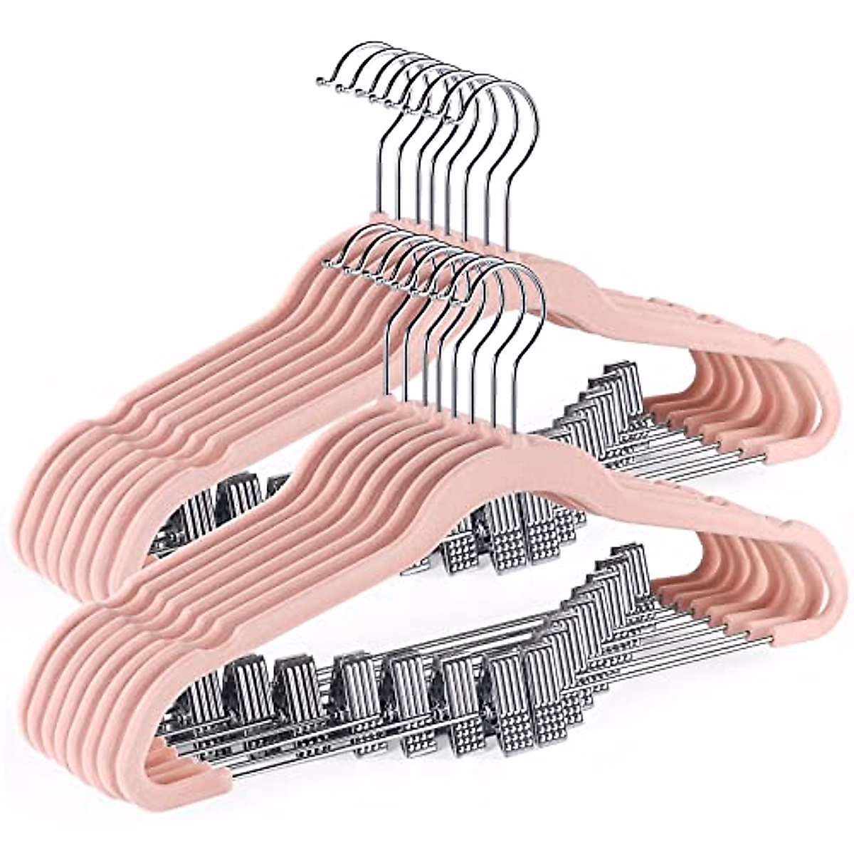 HOUÍSM Premium Velvet Pants Hangers, 16.7inch Slim Skirt Hangers with Adjustable Clips - Heavy-Duty, Non-Slip, Ultra Thin, Space Saving Flocked Hangers for Coat, Suits, Dress & Shirt (Cloud Pink)