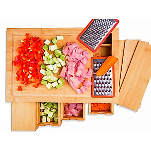 ecozoi Bamboo Cutting Board with 4 Slide Out Drawers with 4 Bamboo Lids for Easy Storage, Non Slip Meal Prep Station, Chopping Board, Wooden Butcher Block with Juice Groove and 2 Bonus Graters