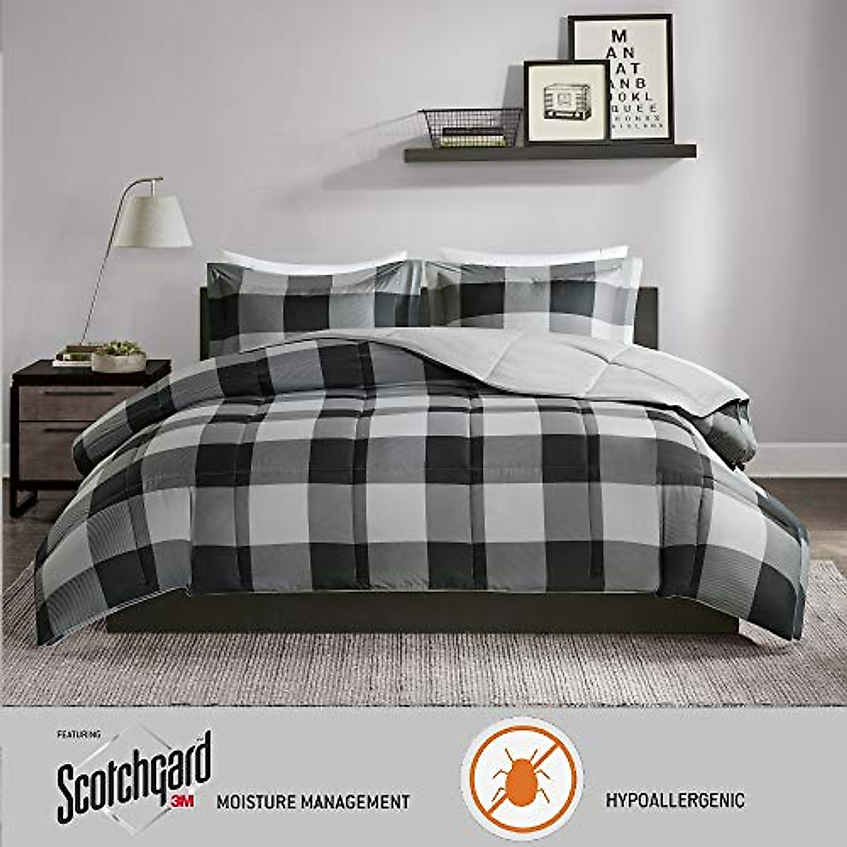 Madison Park Essentials Plaid Sets 3M Scotchgard Moisture Wicking - Ultra Soft Down Alternative Microfiber Bed Comforters, Twin/Twin XL, Grey/Black