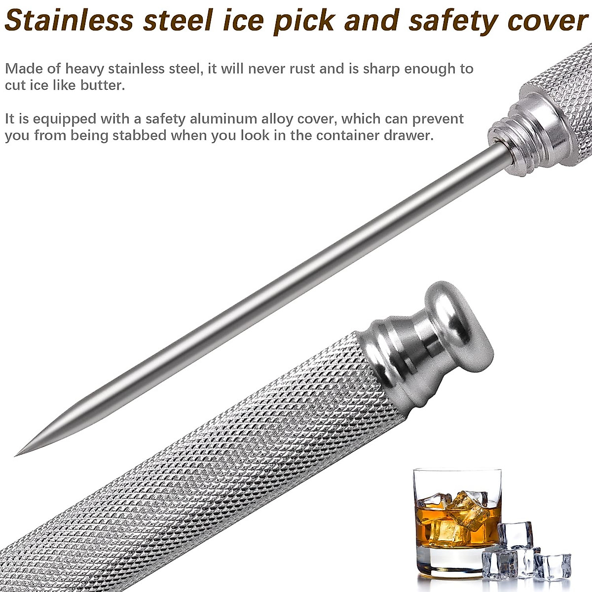 JINBAZO Ice Pick with Safety Cover, Aluminium Alloy Handle Stainless Steel Knife With Pick Tool for Breaking Ice, Non-slip Antiskid Handle for Easy to Grip (Silver)