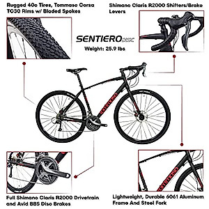 Tommaso Sentiero Sport Performance Aluminum Gravel Bike Shimano Claris 24 Speeds Road Bicycle Men Road Bikes for Men Bike Men Women Sport Bike Speed Bike Racing Bike Adult Bike City Bike - Small 53cm