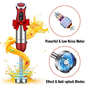 KOIOS 800W 4-in-1 Multifunctional Hand Immersion Blender, 12 Speed 304 Stainless Steel Stick Blender, Titanium Plated, 600ml Mixing Beaker, 500ml Food Processor, Whisk Attachment, BPA-Free, Red