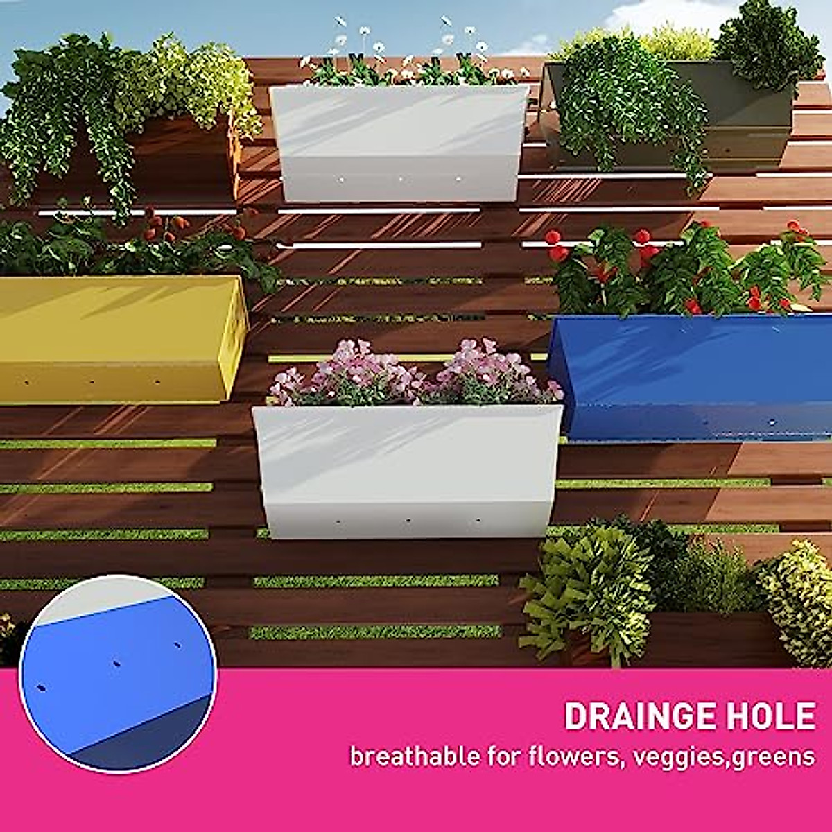 PINFENGJIAJU 24 Inch Metal Iron Hanging Planters 2 Pack, Large Rectangular Hanging Flower Pots with Detachble Hooks, Deck Rail Fence Balcony Hanging Planter Boxs with Drainage Holes(Shimmerry Brown)