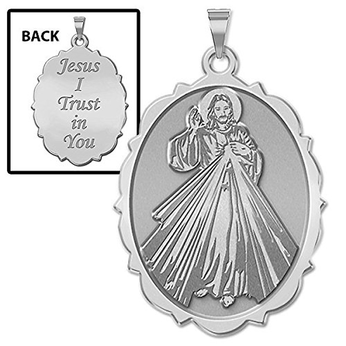 PicturesOnGold.com Divine Mercy Doubled Sided Scallopped Oval Religious Medal 1/2 X 2/3 Inch Size of Dime, Solid 14K Yellow Gold