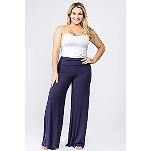 YELETE Women's Fashion Colorful Printed High Waist Fold Over Wide Leg Palazzo Pants (Large, Navy)