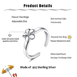 Sllaiss 925 Sterting Silver Open Toe Ring for Women Flower Adjustable Toe Ring Hypoallergenic CZ Rings Simple Open Thin Band Ring Tail Ring Foot Jewelry