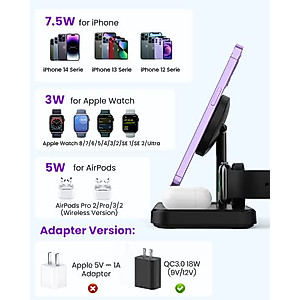 Wireless Charger for Magsafe, GEEKERA 3 in 1 Magnetic Wireless Charging Station for iPhone 14/13/12/Pro/Max/mini, Apple Watch 8/7/6/5/4/3/2/SE/Ultra, AirPods 3/2/Pro with QC 3.0 18W Adapter, Black