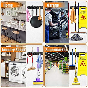 Feir Mop Broom Holder Wall Mounted Kitchen Hanging Garage Utility Tool Organizers and Storage Rack For Commercial Bathroom Laundry Room Closet Gardening (Black)