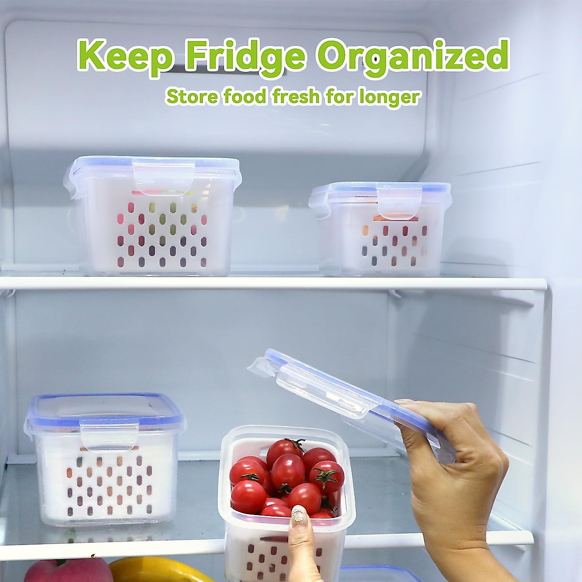 3 Pack Fruit Storage Containers for Fridge, Airtight Food Storage Containers with Removable Colander, Produce Saver Organizers Storage for Refrigerator, Keep Fruit Vegetable Meat Berry Fresh Longer