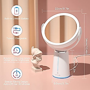 CHICLEW Lighted Makeup Mirror,Rechargeable Vanity Mirror with Lights Magnifying Mirror 10X / 1X,360°Rotatable Dimmable Cosmetic Mirror with Smart Touch Brightness Adjustable(0-1100Lux)