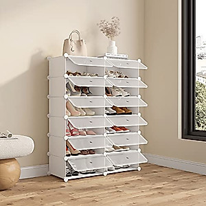 UNZIPE Shoe Rack Cabinet, 8-Tier Shoe Storage Organizer with Doors for Entryway, 16 Pair Plastic Shoe Shelves with Covered DIY Freestanding Shoe Tower for Closet Bedroom Hallway Mudroom Garage, White