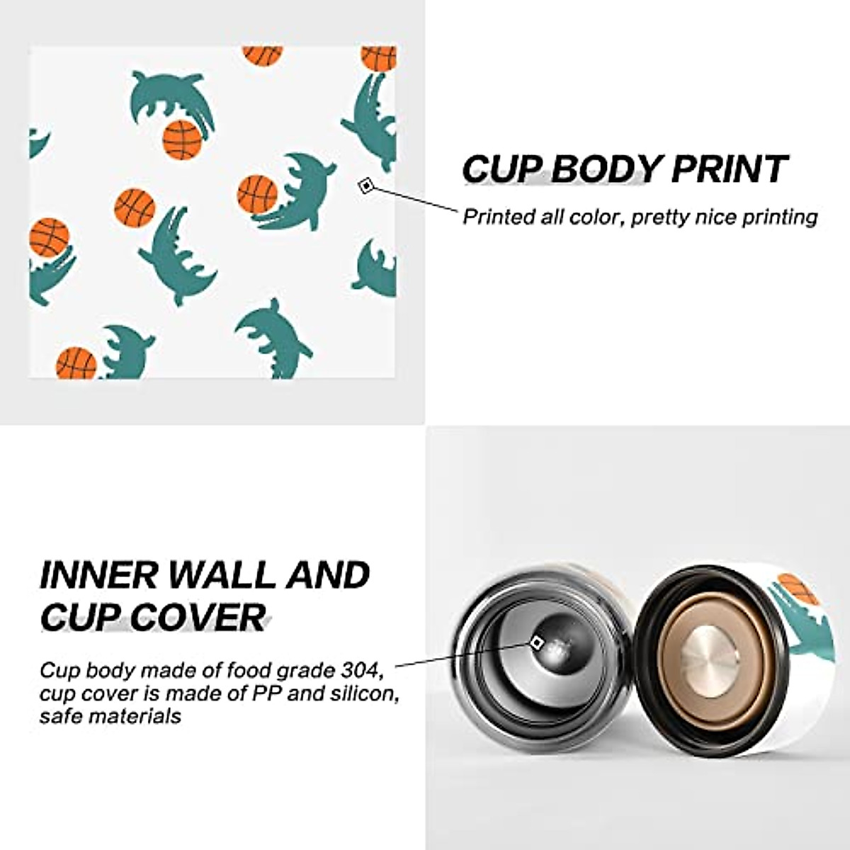 CaTaKu Funny Basketball Crocodile Water Bottle Insulated 16 oz Stainless Steel Flask Thermos Bottle for Coffee Water Drink Reusable Wide Mouth Vacuum Travel Mug Cup