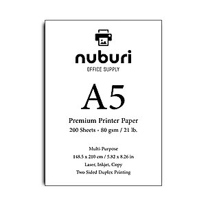 Nuburi - A5 Size Premium Printer Paper - Ideal for Professional Documents - Smooth Bright White - 80 gsm / 21 lb. (200 Sheets)